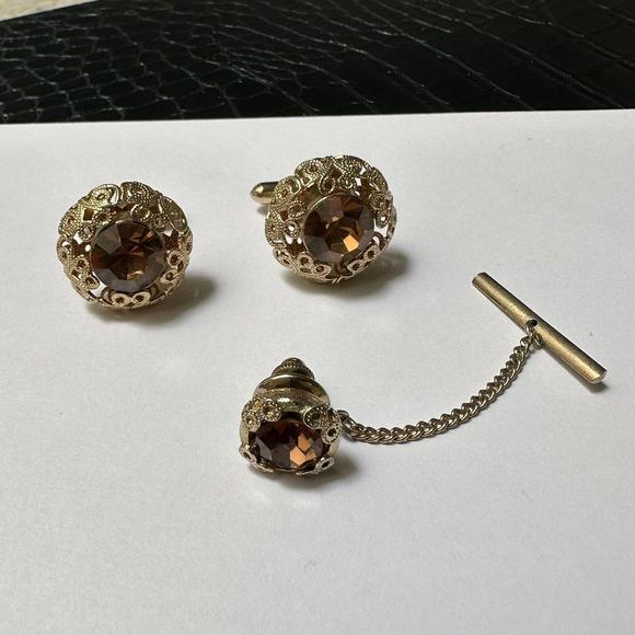 Accessories | Mens Gold Tone Brown Rhinestone Cufflink Set With Tie ...
